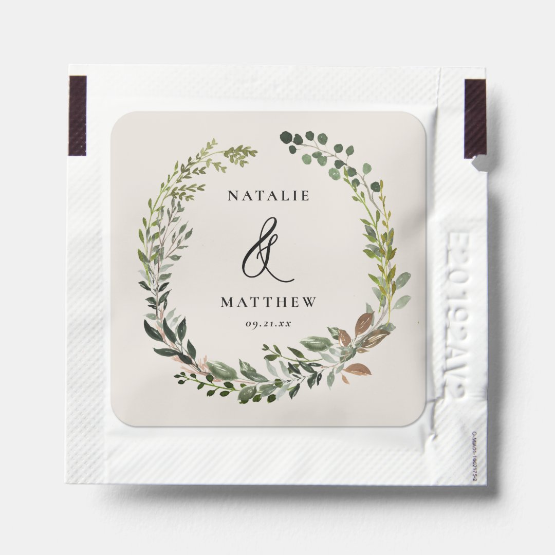 Rustic foliage wreath fall winter wedding party hand sanitizer packet ...