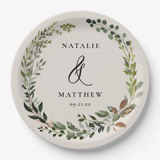 Rustic foliage wreath fall winter wedding party paper plates | Zazzle