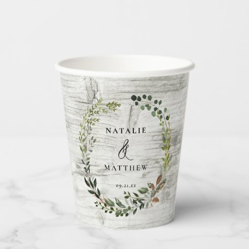 rustic foliage wreath farmhouse wedding party pape paper cups | Zazzle