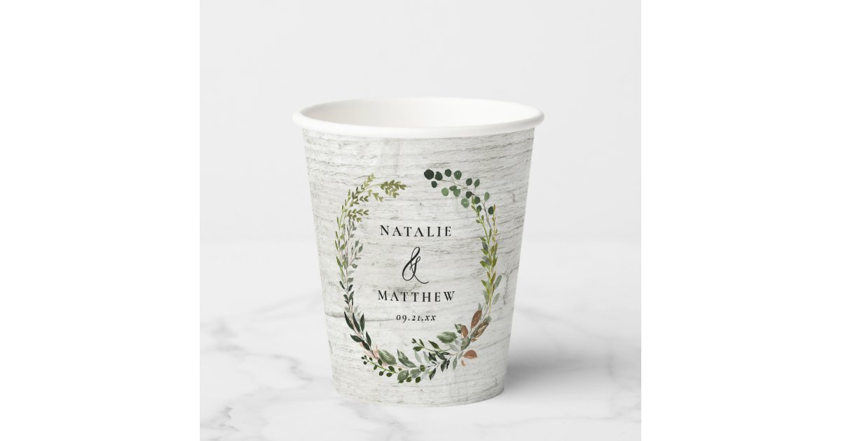 rustic foliage wreath farmhouse wedding party pape paper cups | Zazzle