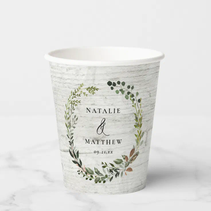 rustic foliage wreath farmhouse wedding party pape paper cups | Zazzle