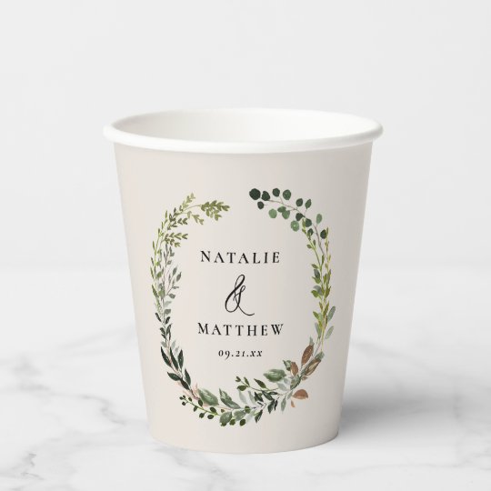 rustic foliage wreath farmhouse wedding party paper cups | Zazzle.com