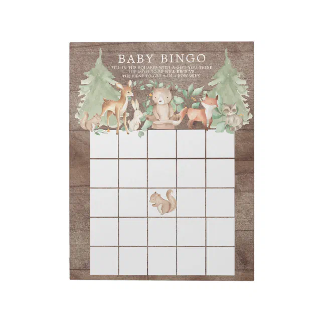 Rustic Forest Animals Baby Shower Bingo Game Notepad | Zazzle