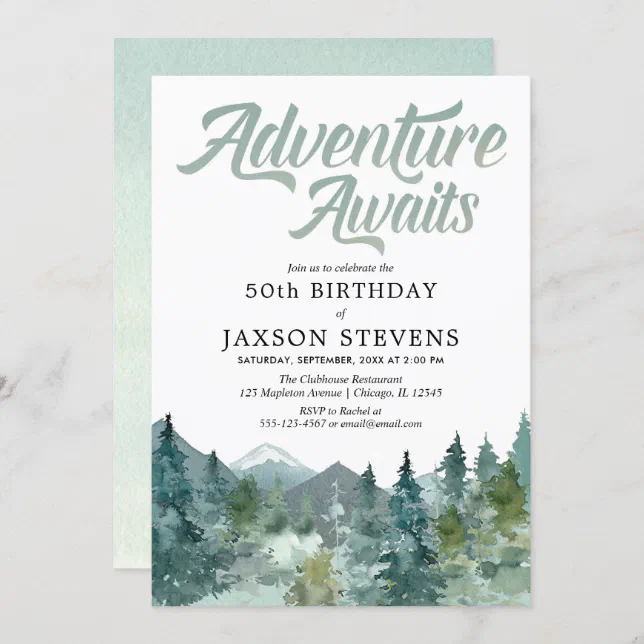 Rustic forest mountains adventure awaits birthday invitation | Zazzle