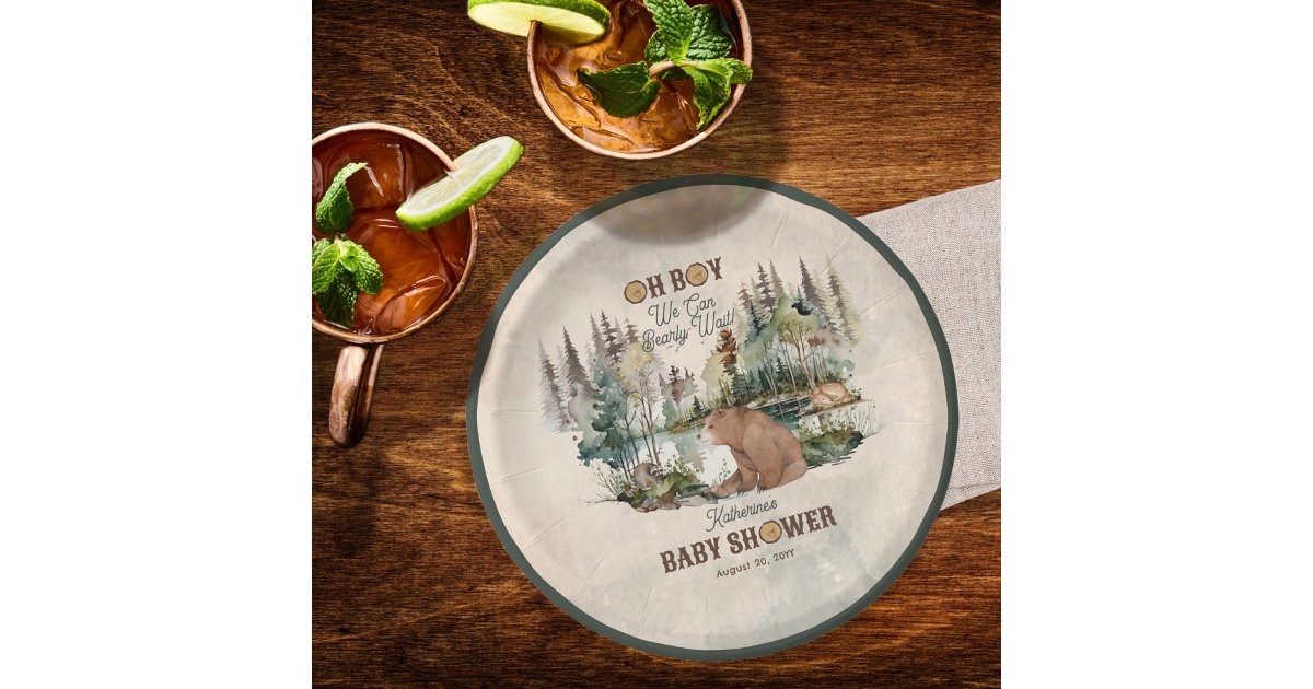 Rustic Forest Oh Boy Bearly Wait Baby Shower Paper Plates | Zazzle