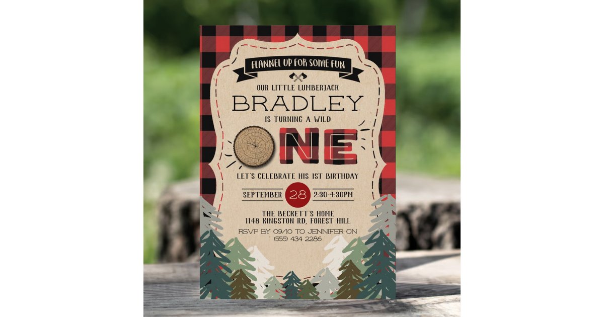 Rustic Forest Plaid Lumberjack Boys 1st Birthday Invitation | Zazzle