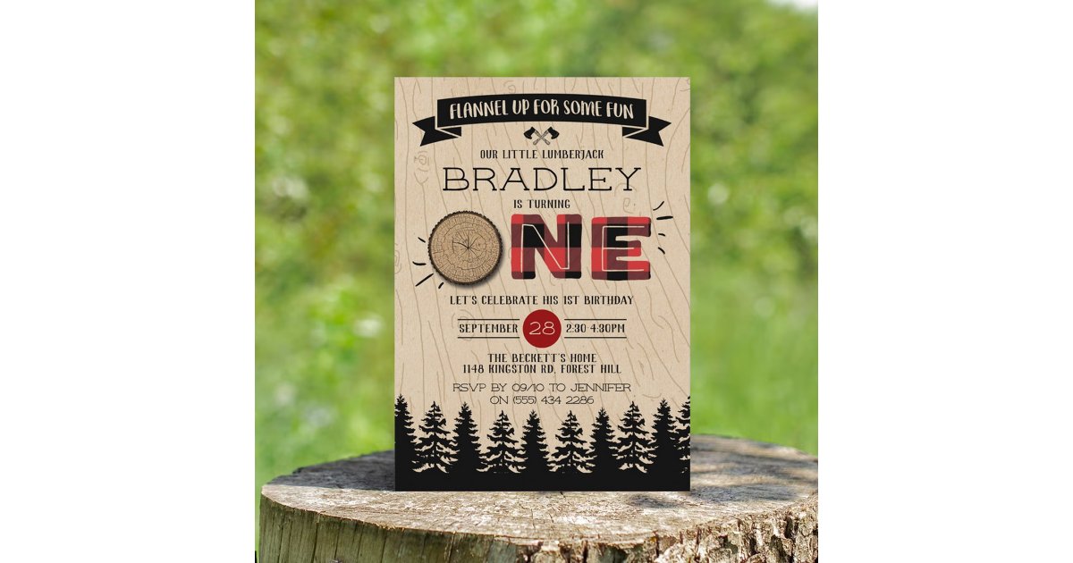 Rustic Forest Plaid Lumberjack Boys 1st Birthday Invitation | Zazzle