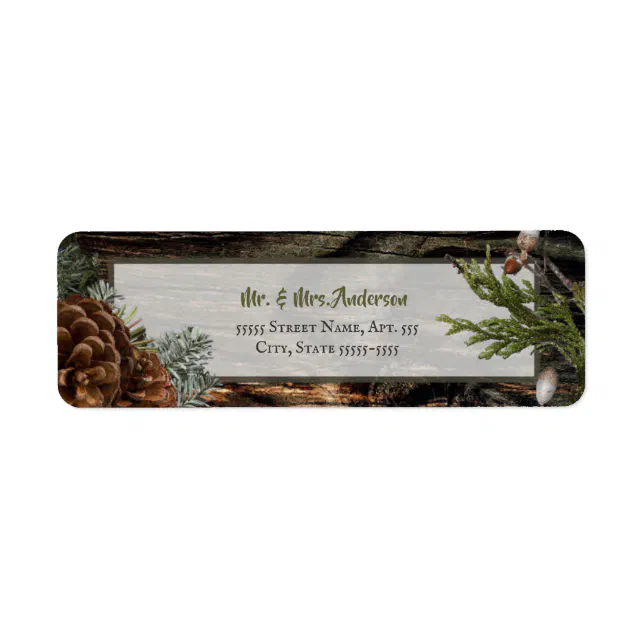 Rustic Forest Wedding Dark Wood Evergreen Bough Label | Zazzle