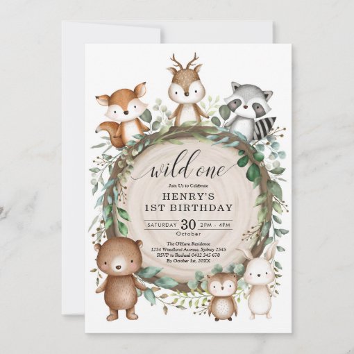 Rustic Forest Woodland Animals Wild One Birthday Invitation | Zazzle