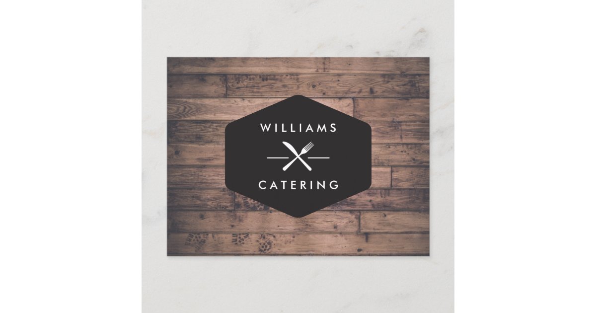 Rustic Fork Knife Catering Logo on Distressed Wood Postcard | Zazzle