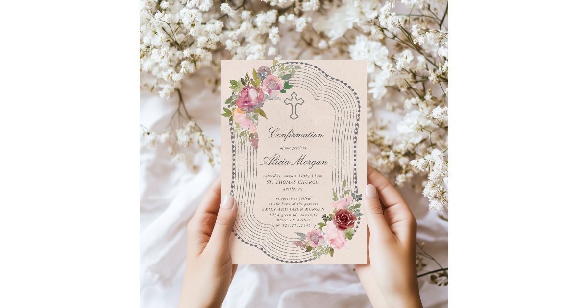 Rustic Frame Pink Burgundy Floral Confirmation Invitation | Zazzle