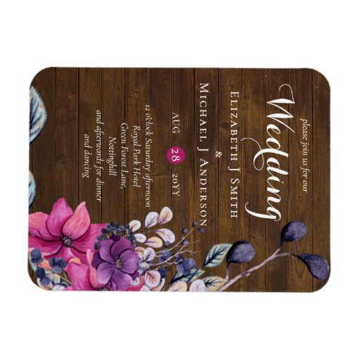 Rustic Fuchsia Floral Woodland Wedding Magnet | Zazzle