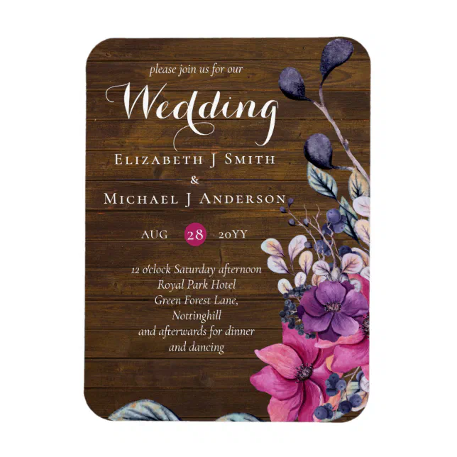 Rustic Fuchsia Floral Woodland Wedding Magnet | Zazzle