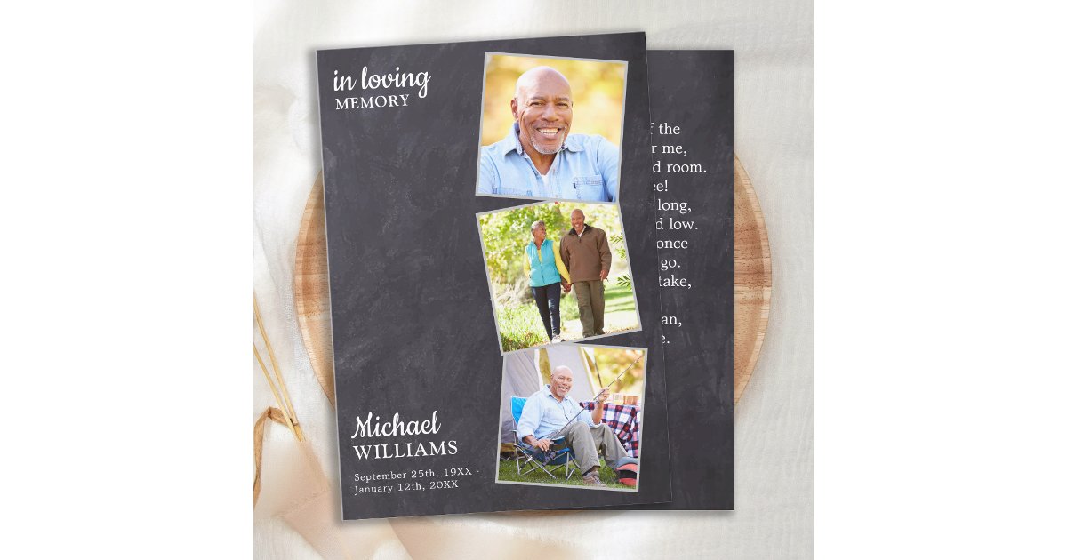 Rustic Funeral Custom 3 Photo Memorial Prayer Card | Zazzle