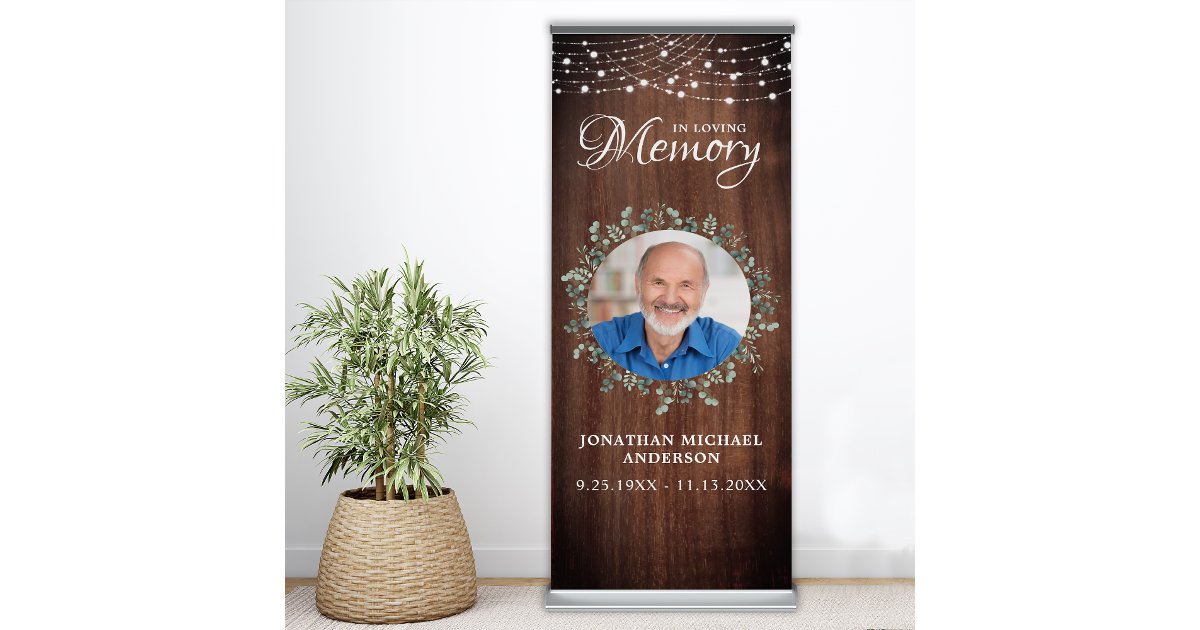 Rustic Funeral Memorial Custom Photo Greenery Wood Retractable Banner ...