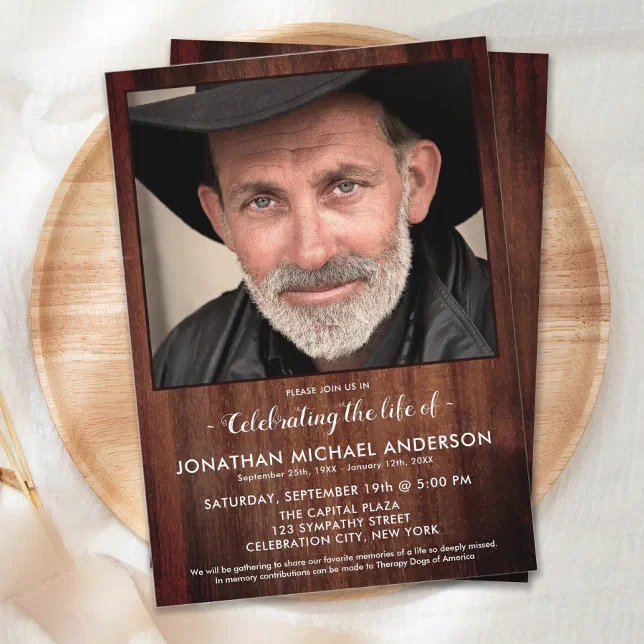 Rustic Funeral Memorial Photo Celebration Of Life Invitation | Zazzle