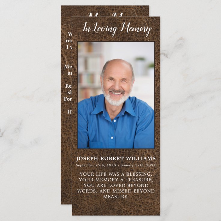 Rustic Funeral Photo Leather Memorial Prayer Card | Zazzle