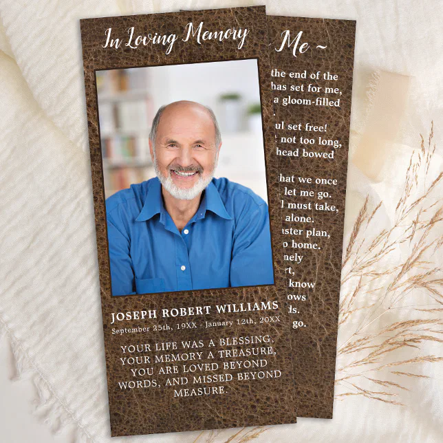 Rustic Funeral Photo Leather Memorial Prayer Card | Zazzle