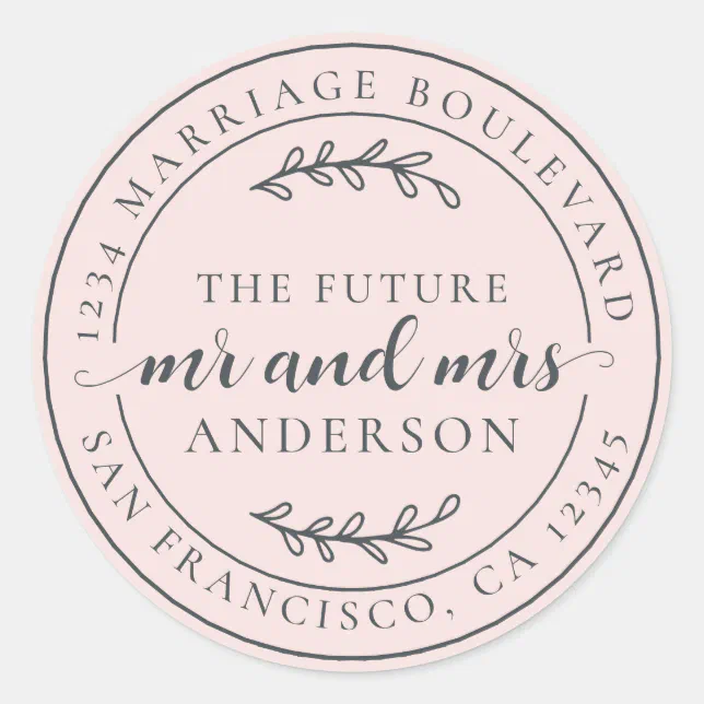 Rustic Future Mr Mrs Pink Return Address Classic Round Sticker | Zazzle
