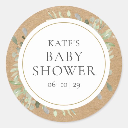 Rustic Gender Neutral Shower Watercolour Greenery Classic Round Sticker ...