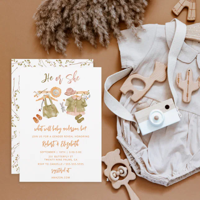 Rustic Gender Reveal Invitation, He or She Invitation | Zazzle