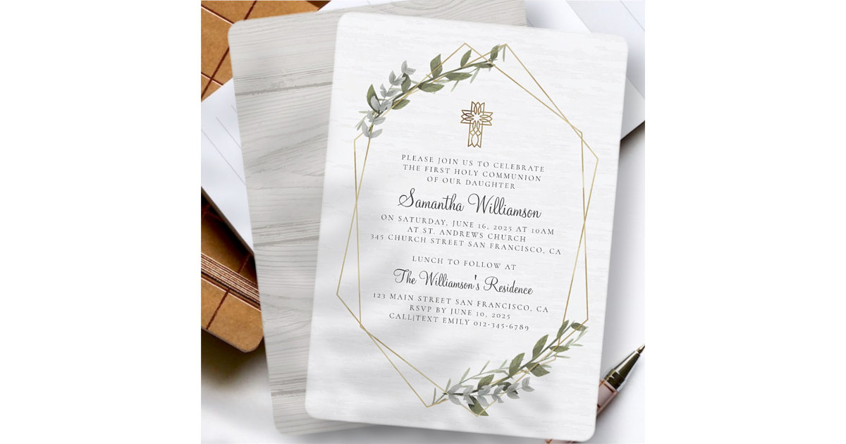 Rustic Geometric Floral First Communion Invitation | Zazzle