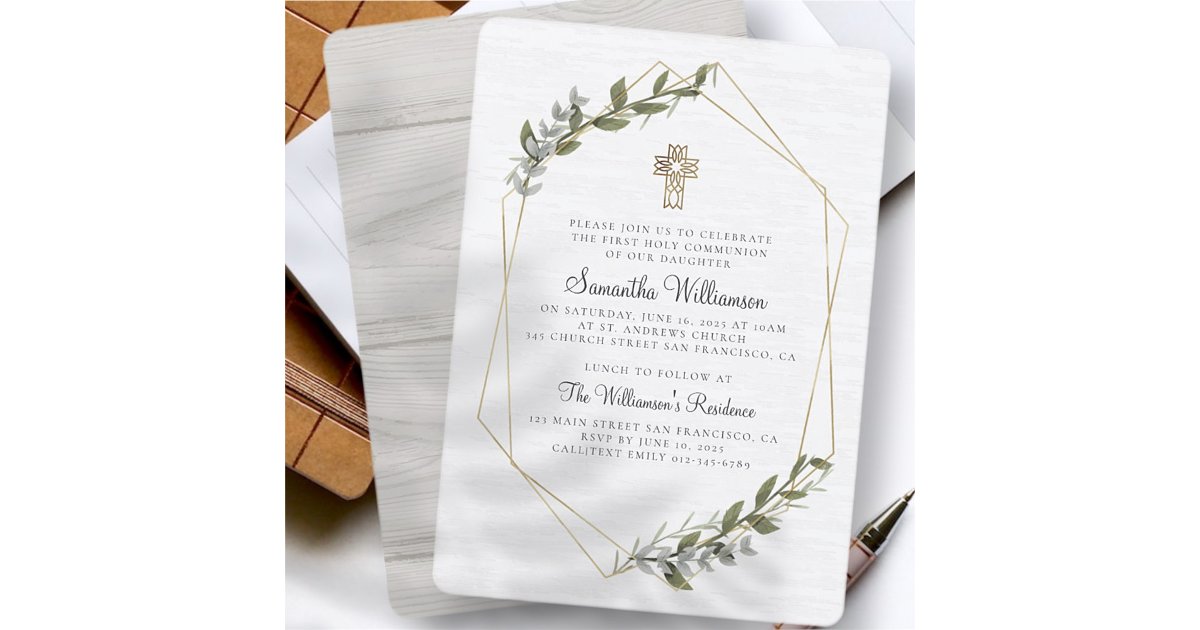 Rustic Geometric Floral First Communion Invitation | Zazzle
