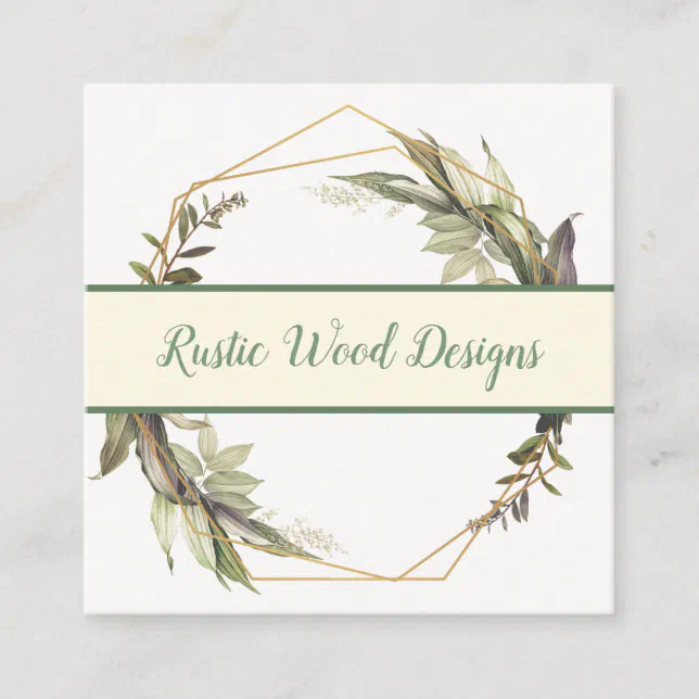 Rustic Geometric Leaves Wreath Monogram Square Business Card | Zazzle