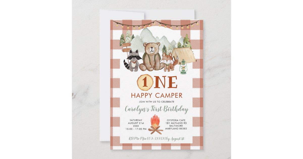 Rustic Gingham One Happy Camper First Birthday Invitation | Zazzle