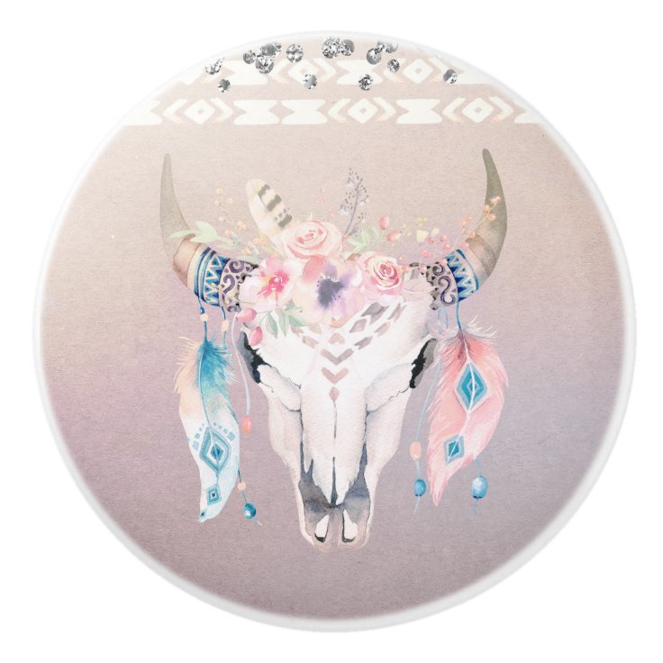 Rustic Glam Boho Floral Cow Skull Iridescent Ceramic Knob | Zazzle