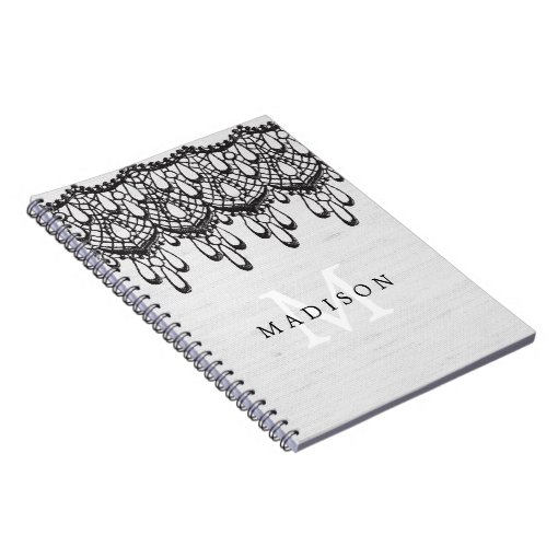 Rustic Glam Gray Linen and Black Lace Monogram Notebook | Zazzle