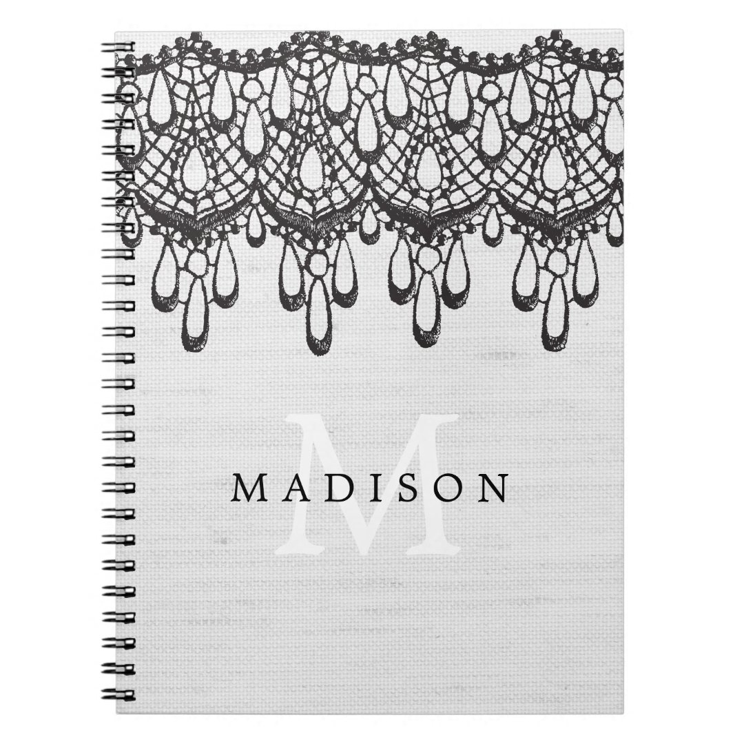 Rustic Glam Gray Linen and Black Lace Monogram Notebook | Zazzle