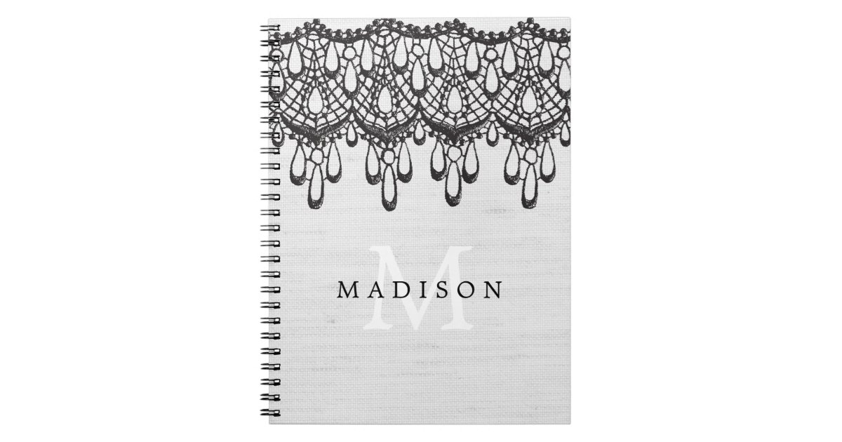 Rustic Glam Gray Linen and Black Lace Monogram Notebook | Zazzle