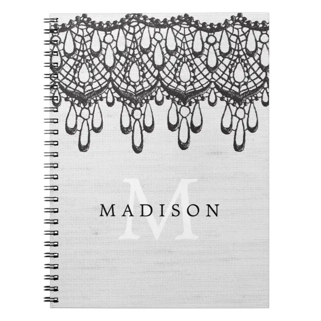 Rustic Glam Gray Linen and Black Lace Monogram Notebook | Zazzle