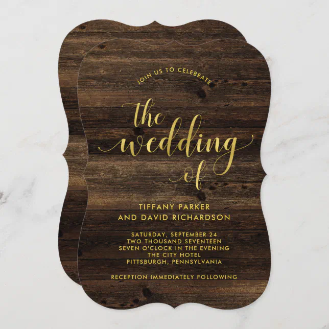 Rustic Glam | Wood and Faux Gold Look Wedding Invitation | Zazzle