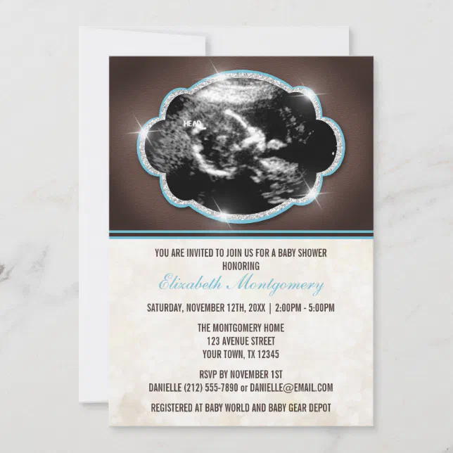 Rustic Glitter Blue Sonogram Baby Shower Invitation | Zazzle
