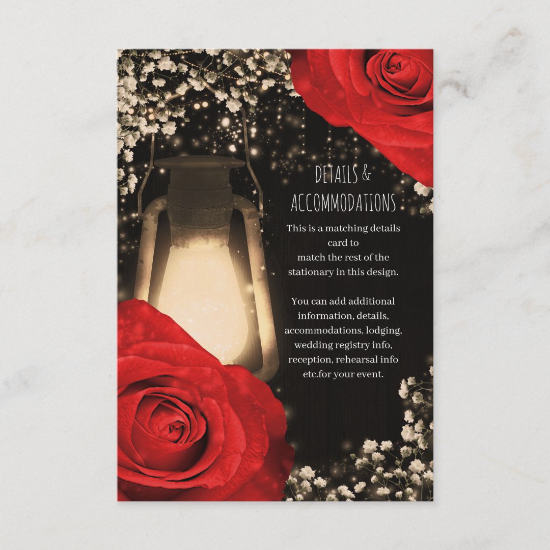 Rustic Glow Lantern Bright Red Roses Wedding Enclosure Card | Zazzle