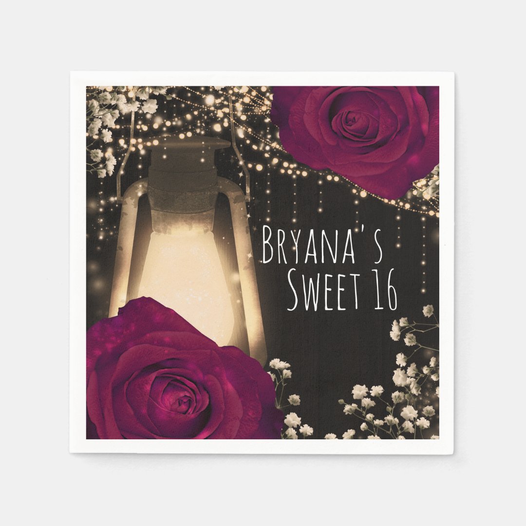 Rustic Glow Lantern Magenta Berry Roses Wedding Napkins | Zazzle