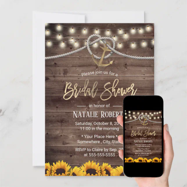 Rustic Gold Anchor & Rope Sunflowers Bridal Shower Invitation | Zazzle