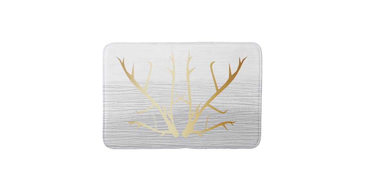 Rustic Gold Antlers on White & Gray Faded Texture Bathroom Mat | Zazzle
