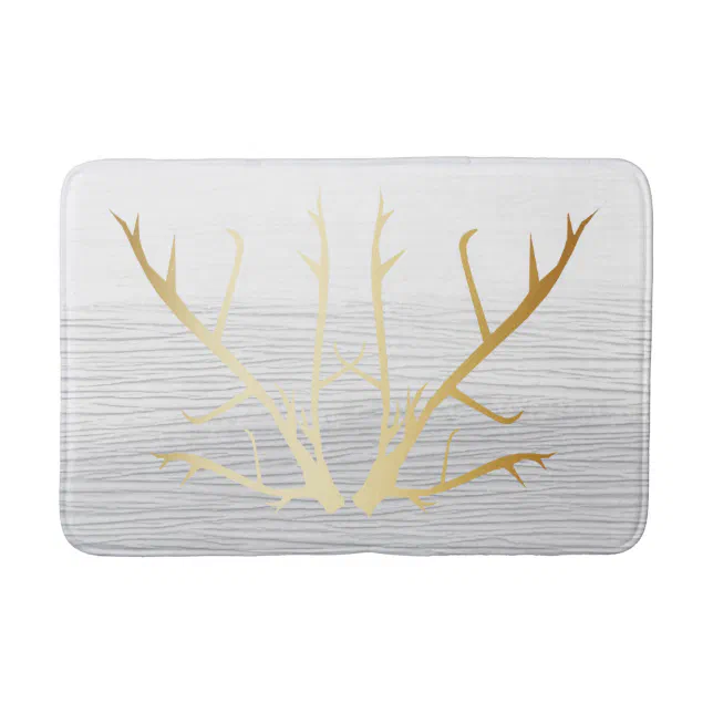 Rustic Gold Antlers on White & Gray Faded Texture Bathroom Mat | Zazzle