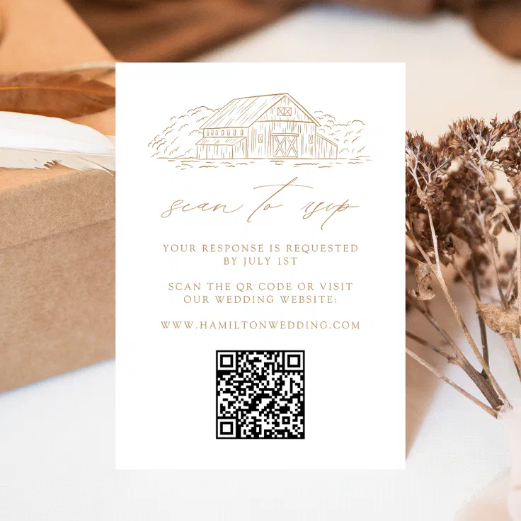 Rustic Gold Barn Wedding QR Code Website RSVP Enclosure Card | Zazzle