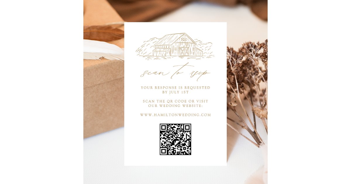 Rustic Gold Barn Wedding QR Code Website RSVP Enclosure Card | Zazzle