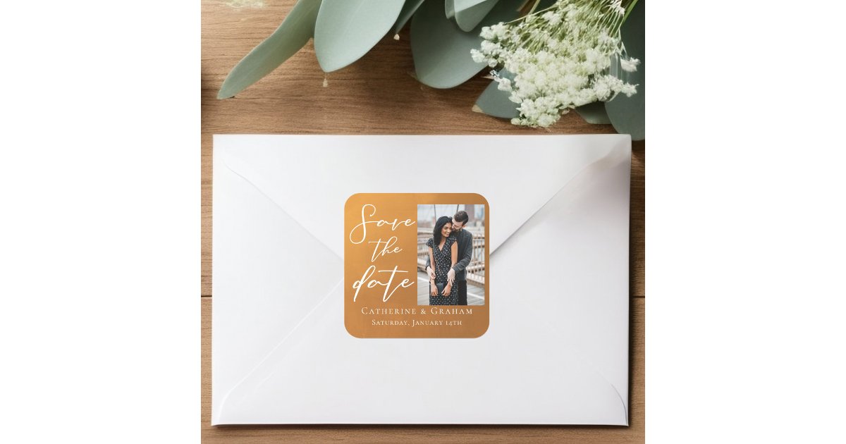 Rustic Gold Couple Photo Fall Save the Date Square Sticker | Zazzle