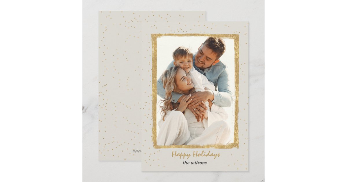 Rustic Gold Frame Confetti Photo Holiday Card | Zazzle