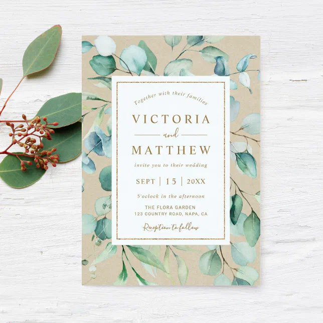 Rustic Gold Green Botanical Wedding Invitation | Zazzle