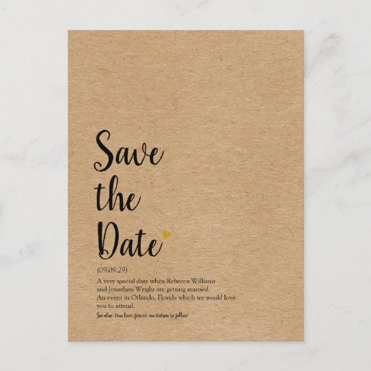Rustic Gold Heart Script Save the Date Definition Postcard | Zazzle.com