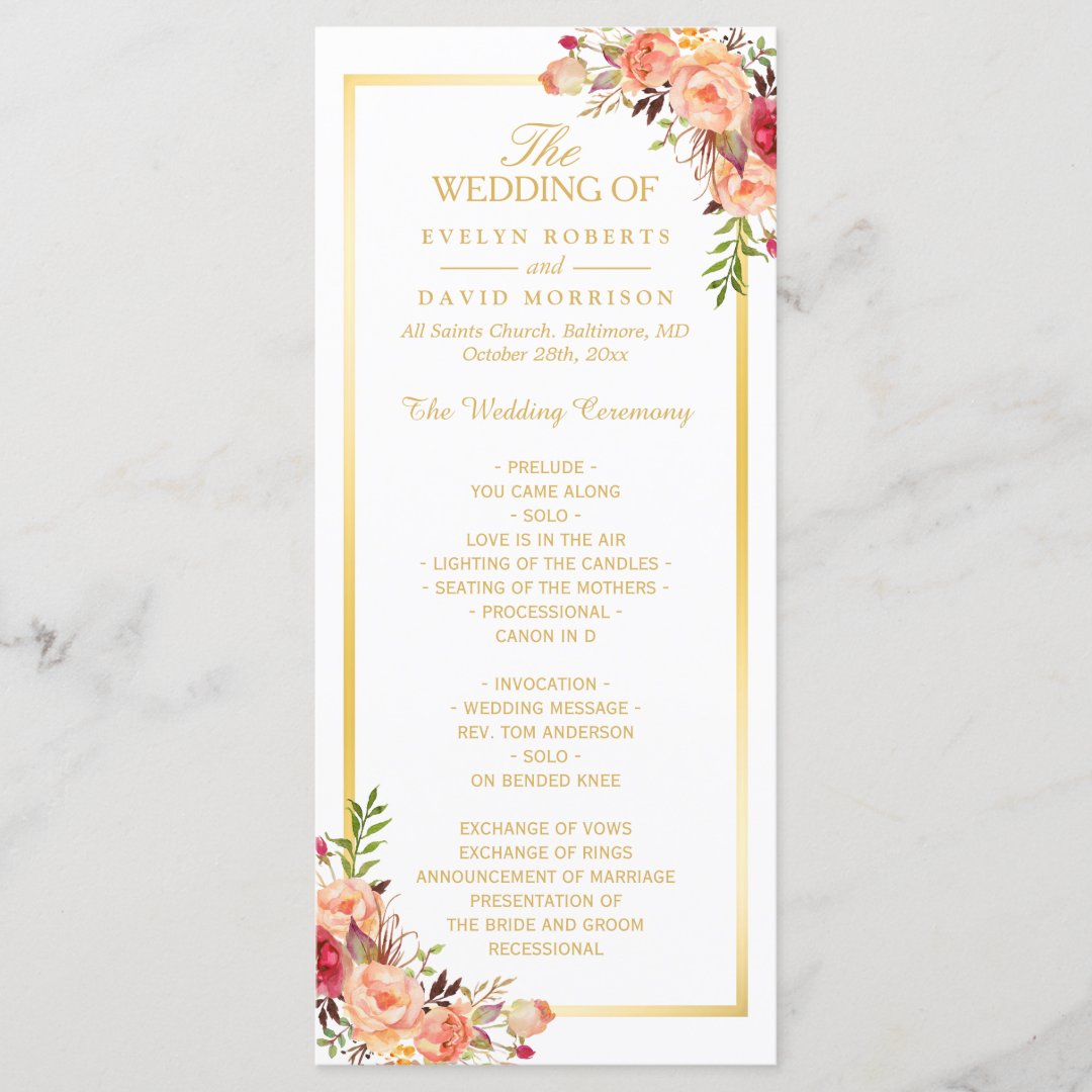 Rustic Gold Orange Floral Fall Wedding Program | Zazzle