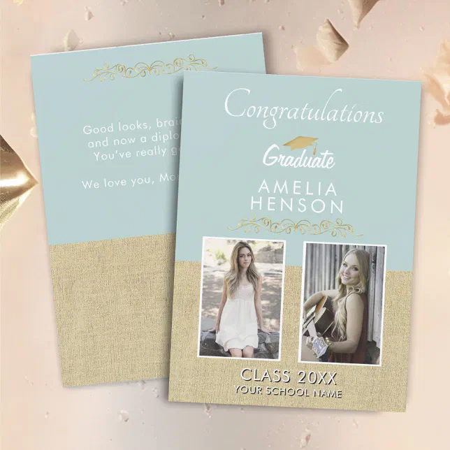 Rustic Gold Ornament Graduate 2 Photo Graduation Card | Zazzle