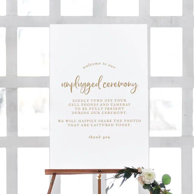 Rustic Gold Script Unplugged Ceremony Sign | Zazzle